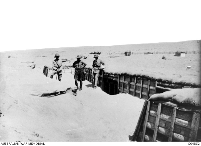 Front line trenches in the Sinai Desert. Note the drifting sand giving ...