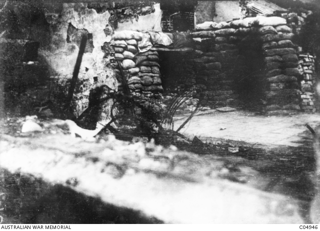 The sandbag protected entrance to the first aid post at Rifle Villa, in ...