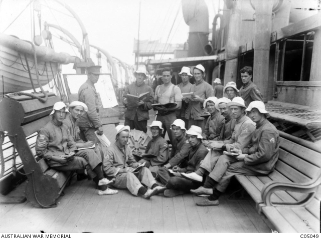 A class receiving instruction on the transport HMAT Omrah at sea ...