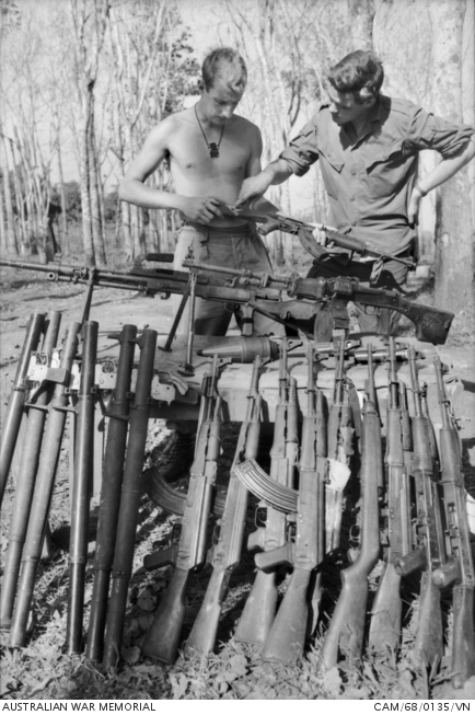 NUI DAT, SOUTH VIETNAM. 1968-02. SOME OF THE SEVENTY WEAPONS CAPTURED ...