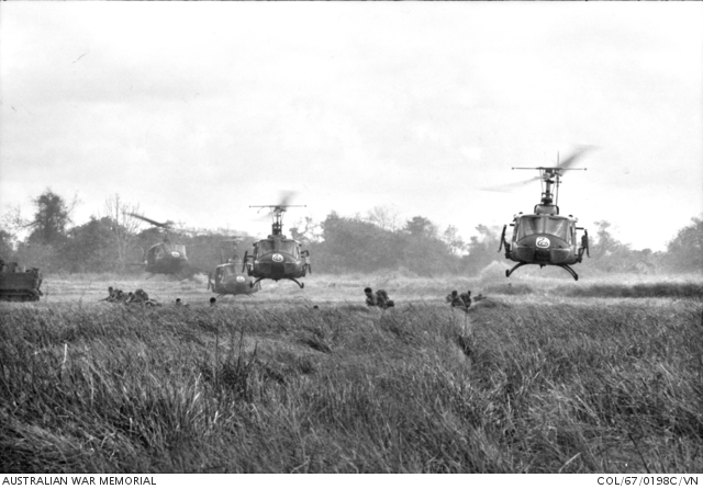 Vietnam. 1967. RAAF and American helicopters dot the sky and swoop over ...