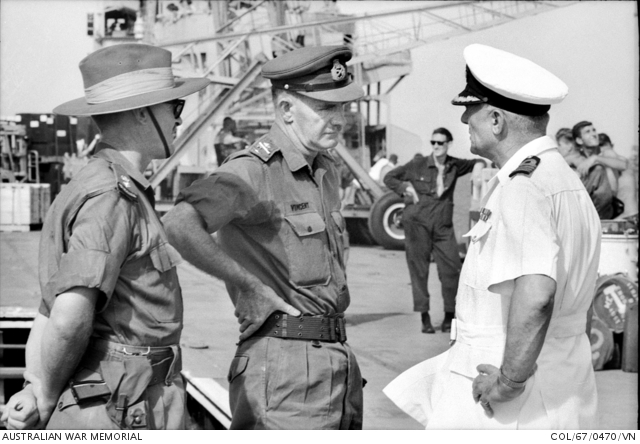 Vietnam. 1967-06-03. Three commanders get together on board HMAS Sydney ...