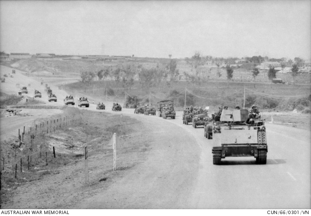 Australian convoy escorted by M113 armoured personnel carriers (APCs ...