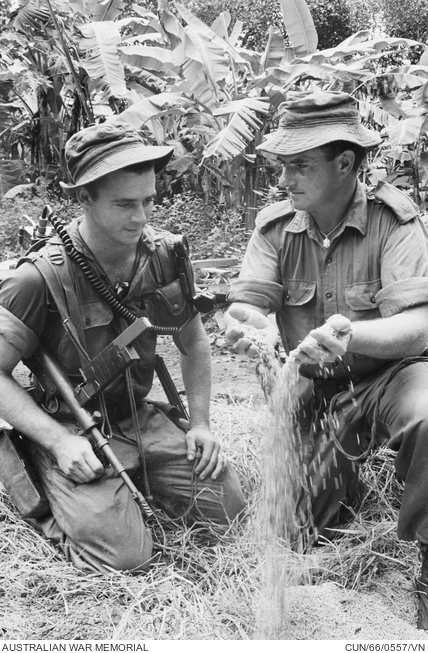 Rice from a newly discovered Viet Cong cache is shown to Private John ...