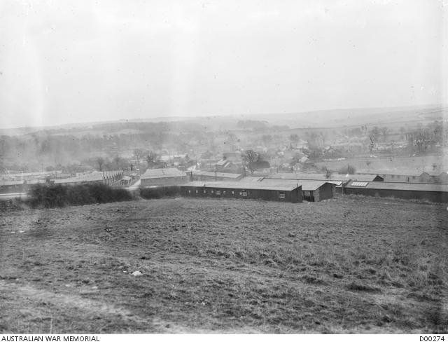 A view of the huts in the AIF camp, showing Codford village in the ...