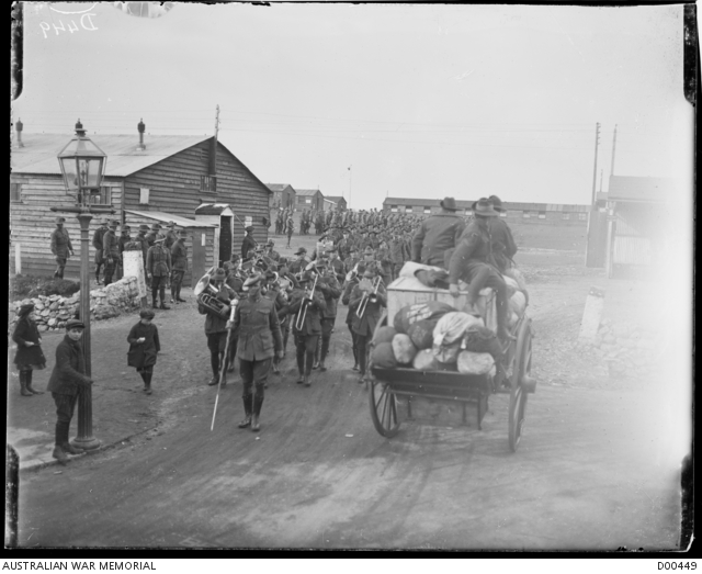 Australian soldiers starting on a route march from the Westham camp. A ...
