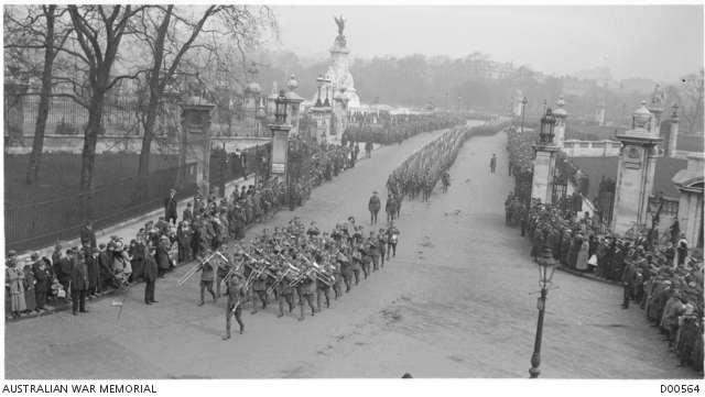 Australian Infantry, headed by their band, passing Buckingham Palace ...