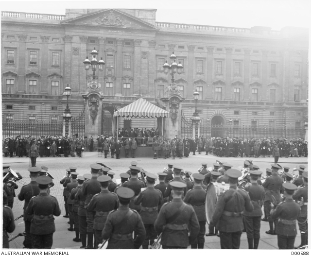 The saluting base in front of Buckingham Palace where His Majesty, King ...