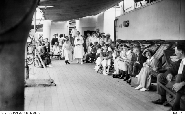 Unidentified nurses and officers play deck quoits on the Prow Deck on ...