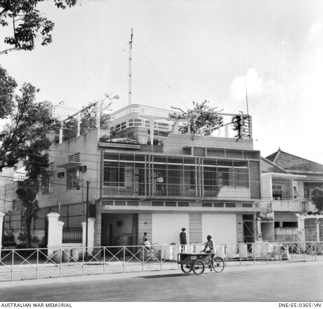 SAIGON, VIETNAM. 1965-09. EXTERIOR OF THE FRONT OF THE HEADQUARTERS ...