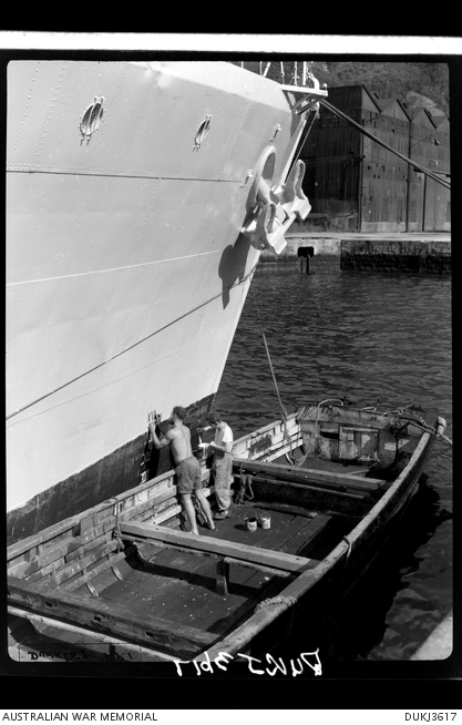 View of the bow of the RAN destroyer HMAS Bataan, docked at Kure wharf ...