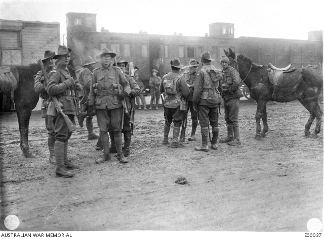 Reinforcements of the 1st Division, AIF, detraining at a siding at ...
