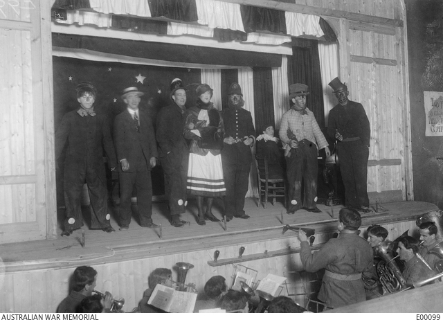 The 'Shrapnels', an Australian concert party on the stage of a barn ...