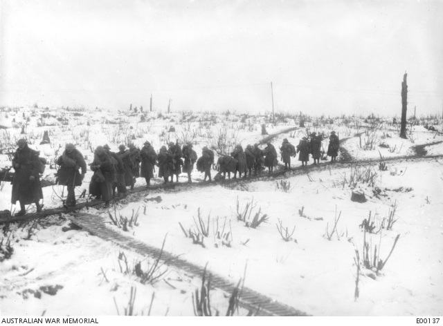 The duckboard track leading from Melbourne Camp through the snow ...