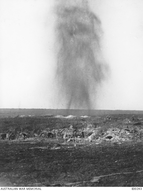 A German shell bursting in the vicinity of 10th Battalion Headquarters ...