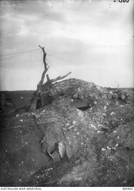 View of the exterior of an old German dugout at Mouquet Farm ...