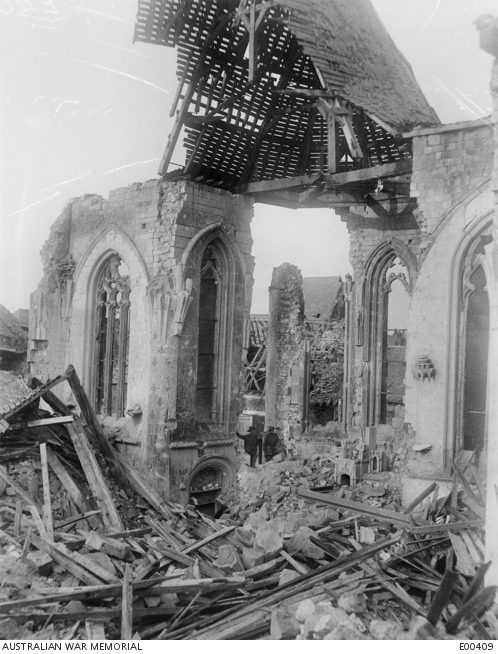 View of a corner in the interior of the destroyed church at Bapaume in ...