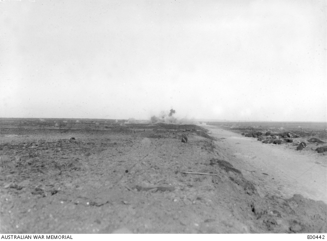A German shell bursting on the Bapaume Road, north east of Noreuil ...