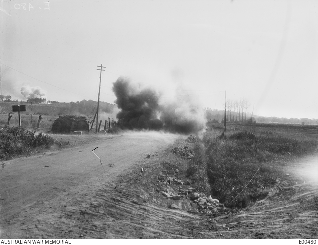 German high explosive shells bursting on the road from Romaria to Hill ...