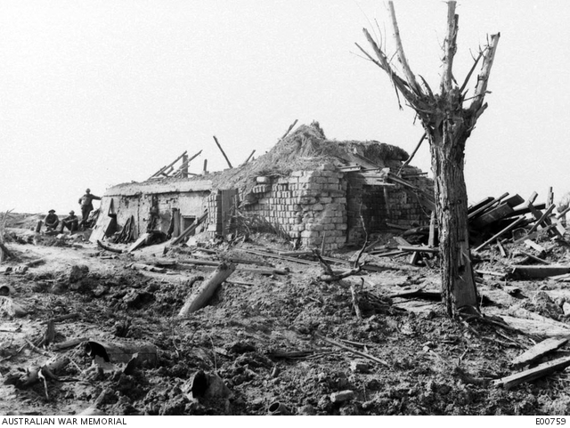 View of a badly damaged captured German concrete stronghold near ...