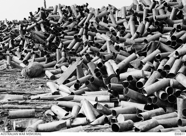A dump of empty 18 pounder shell cases at Birr Cross Roads. It ...