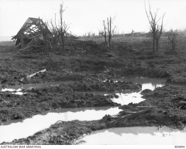 A shell wrecked farm house near Hannebeek, in the Ypres sector, where ...