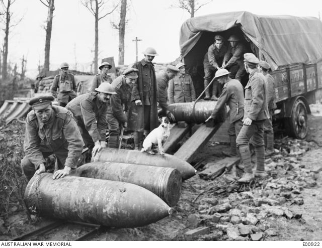 Crew of 2 Gun, Royal Marine Artillery unloading 15 inch Howitzer shells ...