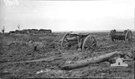 A 4.5 inch Q.F. Howitzer gun bogged and abandoned on Westhoek Ridge ...