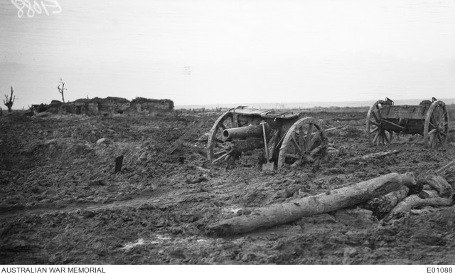 A 4.5 inch Q.F. Howitzer gun bogged and abandoned on Westhoek Ridge ...
