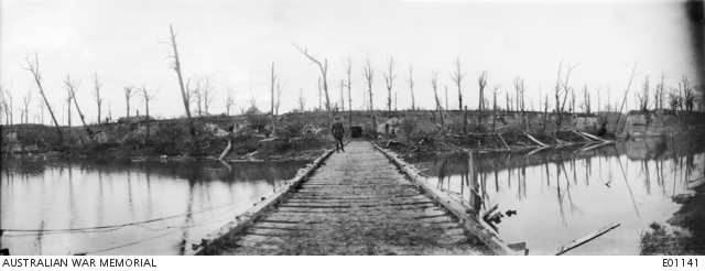A view of the moat surrounding Ypres, showing the stricken trees on the ...