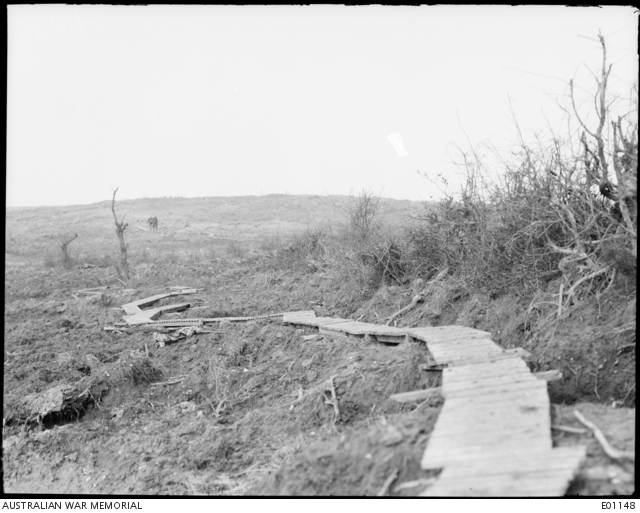 View of a duckboard track at Broodseinde Ridge, leading to the ...