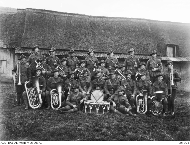 Group portrait of the band of the 41st Battalion at Locre. Left to ...