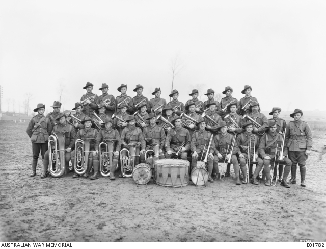 Portrait of the Band of the 10th Battalion. Left to right, back row ...