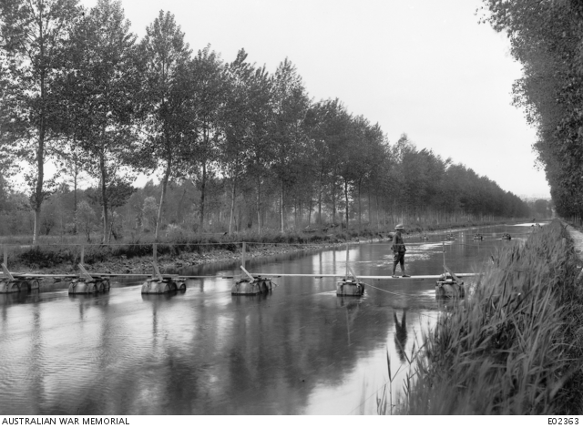 A type of foot bridge, on barrels, used by the Australian infantry to ...