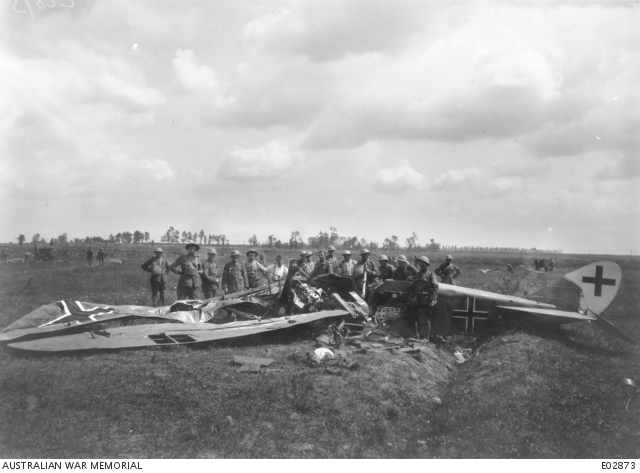 A large group of unidentified Australian soldiers inspect a German DFW ...