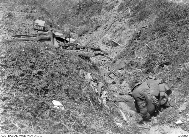 The body of a German machine gunner in a trench near Lihons. In the ...