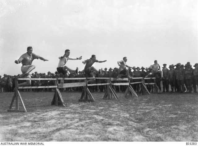A hurdle race at the 2nd Australian Divisional Sports Meeting, held ...