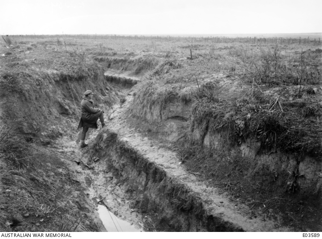 A section of a deep trench with a ledge for a fire step in the ...