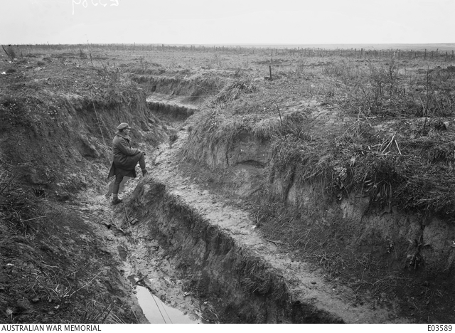 A section of a deep trench with a ledge for a fire step in the ...