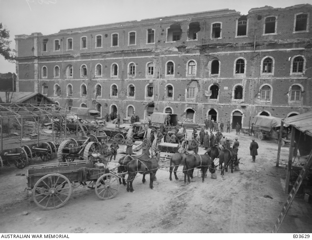 The front of the wrecked Cavalry Barracks when it was used as a depot ...