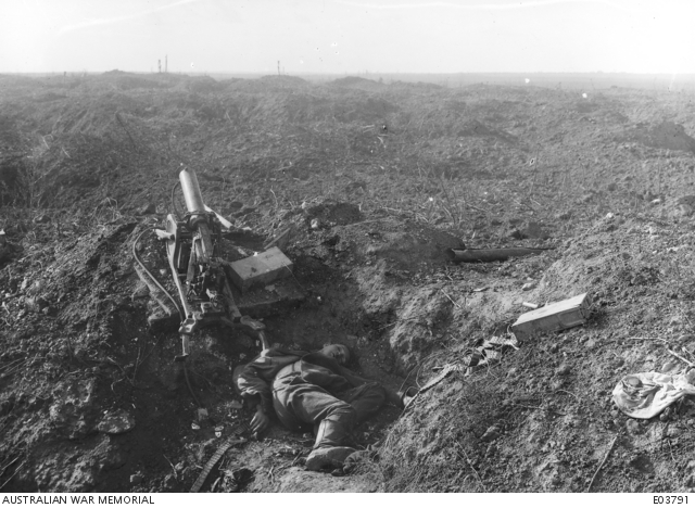 A German machine gunner killed at his post established on the Knoll, a ...