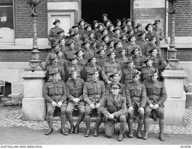 An outdoors group portrait of unidentified members of A Company of the ...