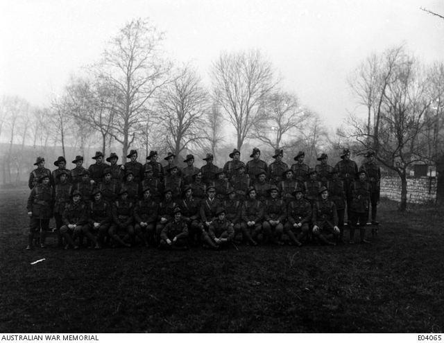 An outdoors group portrait of members of A Company of the 11th ...