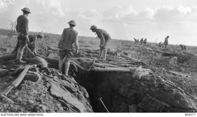 Groups of unidentified members of the 29th Battalion using timber and ...