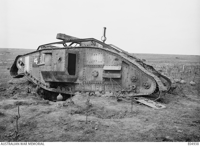 A disabled British Mark V Male tank (with number 4 stencilled to the ...