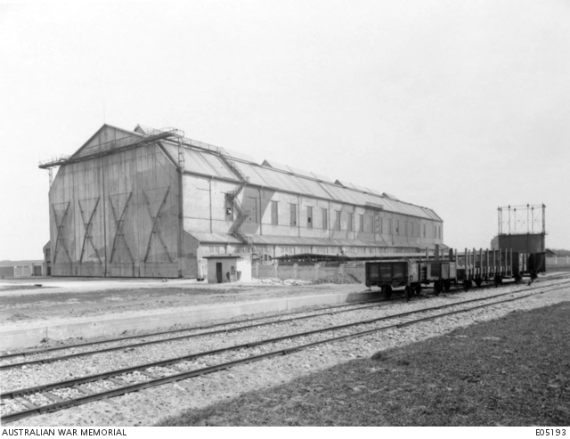 An exterior view of a large Zeppelin shed at the Bickendorf Aerodrome ...