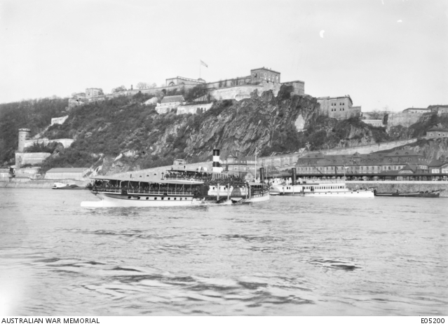 Koblenz, Germany. A large group of soldiers on board a paddle steamer ...