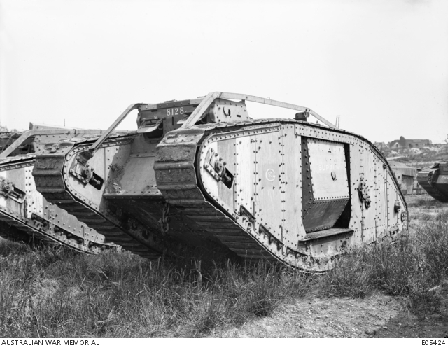 The front and side view of a Mark IV Supply Tank located at a tank park ...