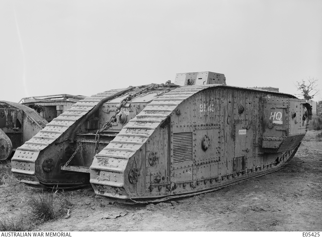 The back and side view of a Mark V* (male) tank located at a tank park ...
