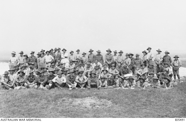 An outdoors group portrait of unidentified members of No 5 Company of ...